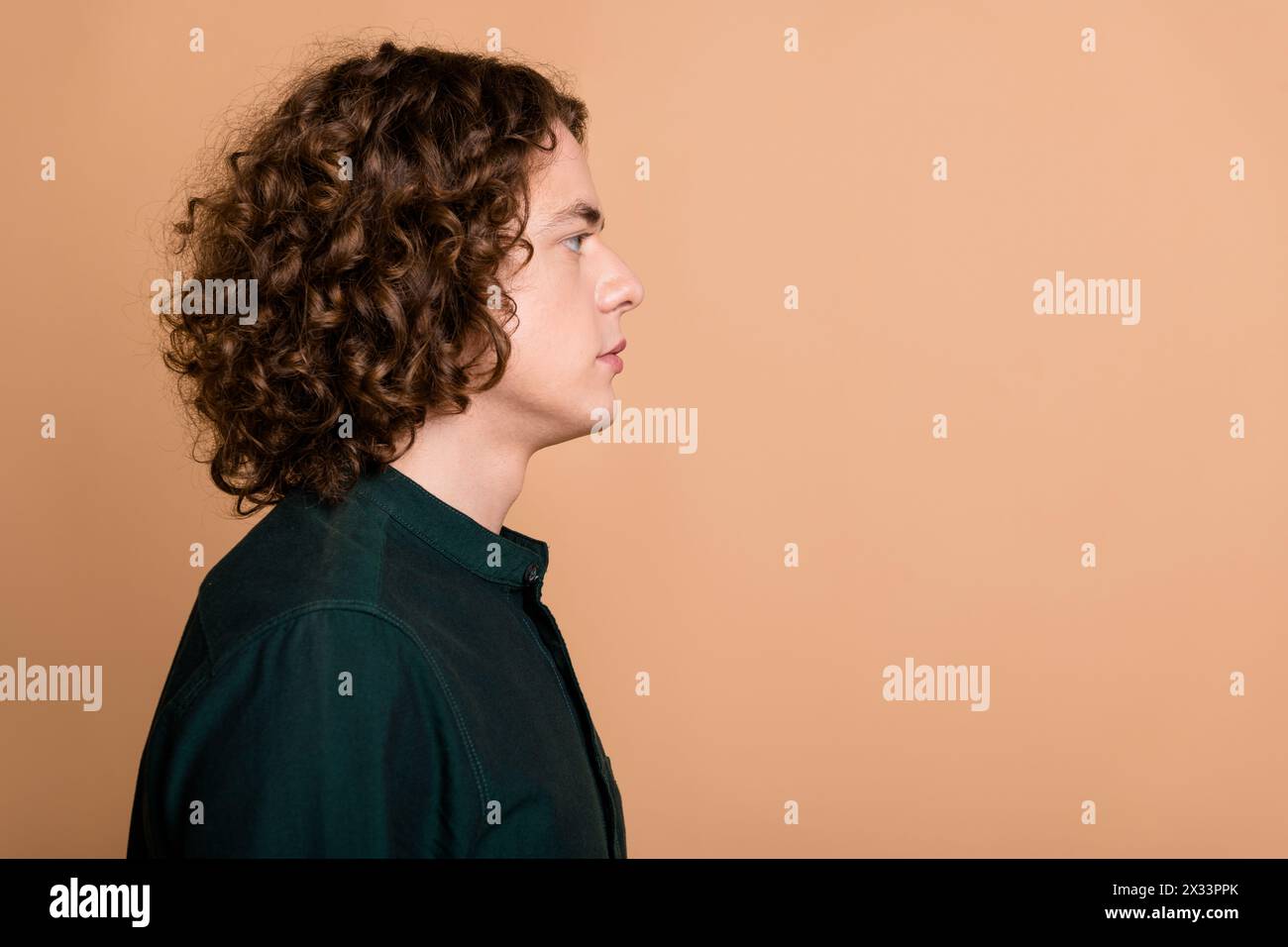 Profile side photo of attractive groomed nice young man wear green ...