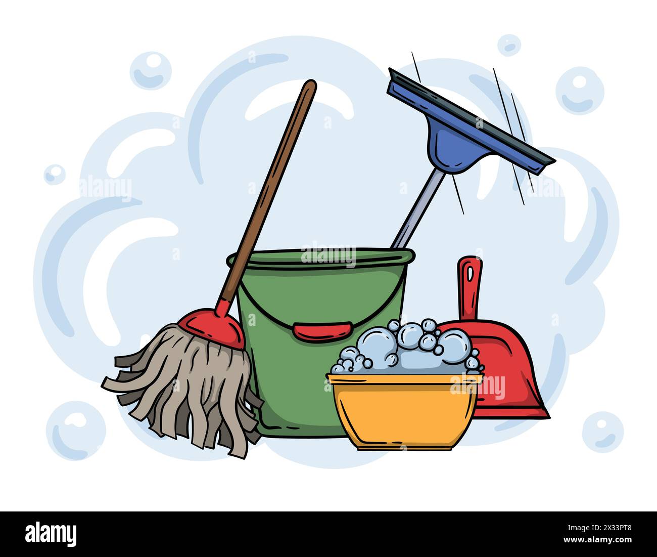 Cleaning services concept. Editable illustration with buckets and mop ...