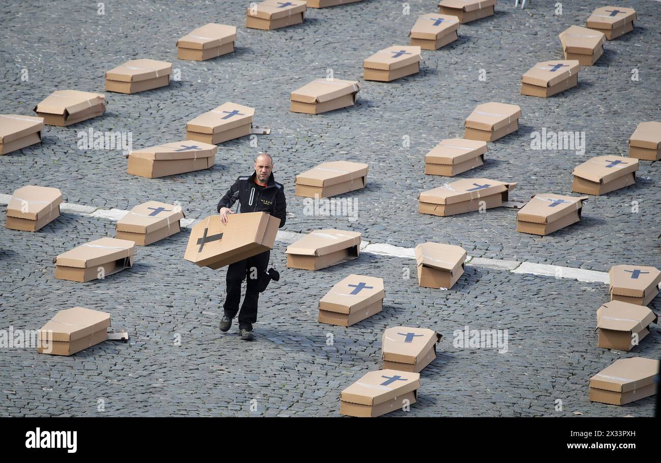 Naples, Italy. 24th Apr, 2024. View of a 'cemetery' with 500 cardboard ...