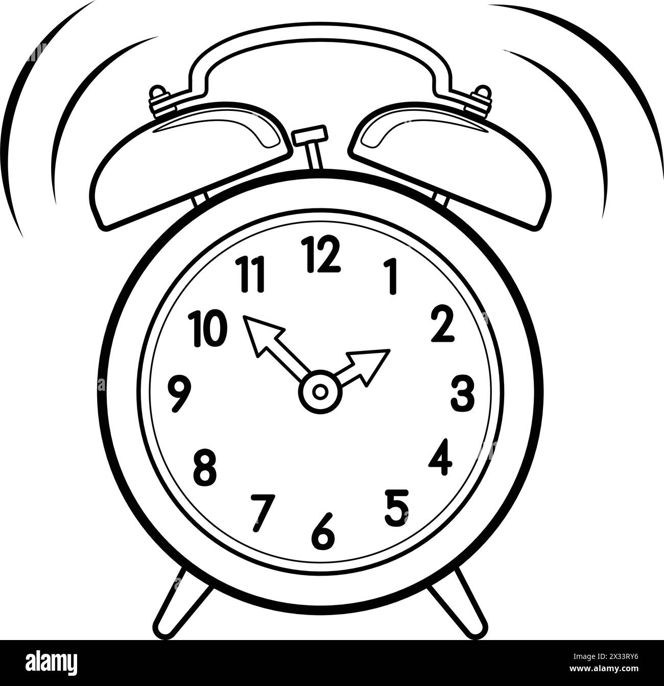 simple black and white cartoon analog alam clock with white face and 2 ...