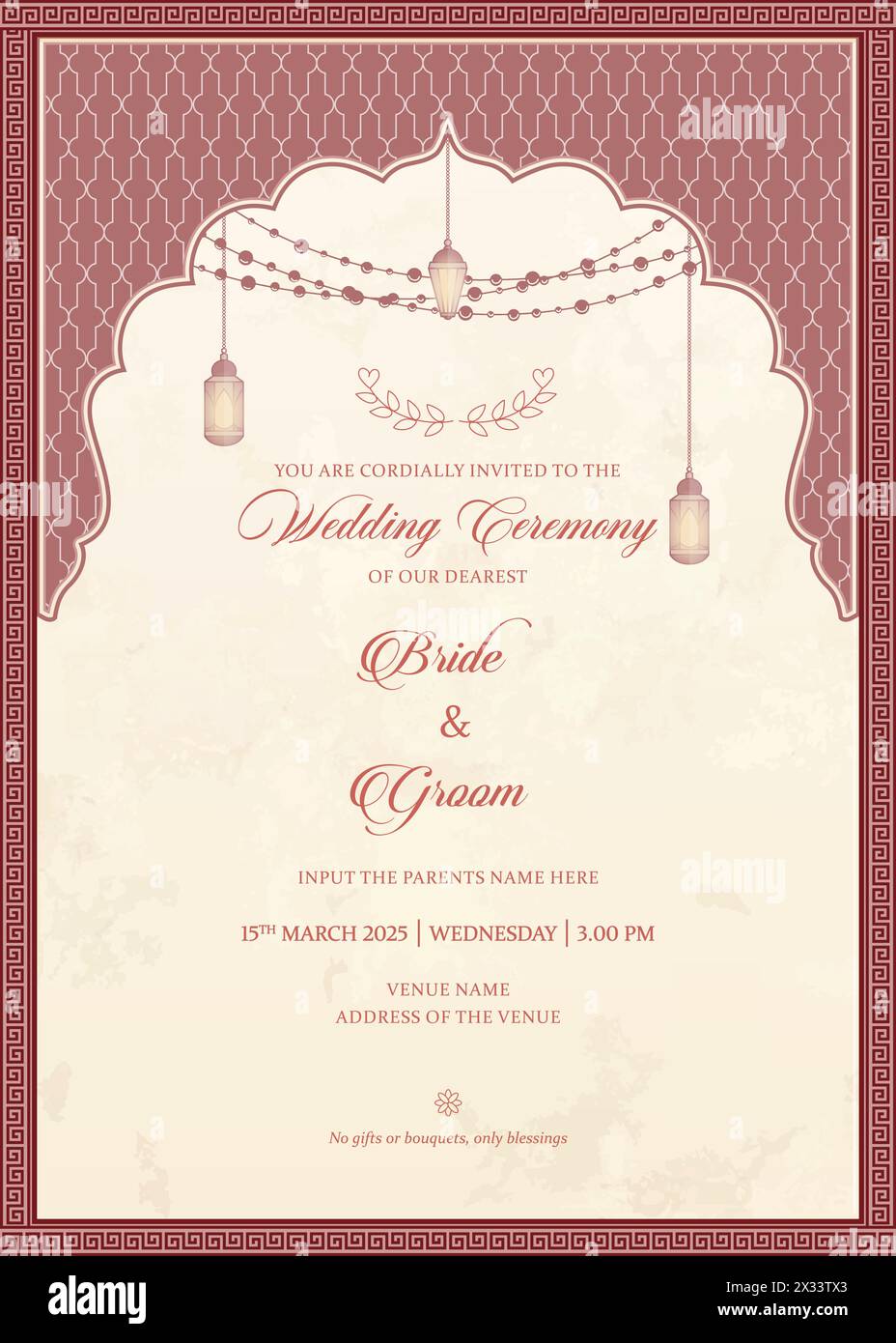 Islamic wedding invitation card with arch, lights, lanterns and border ...