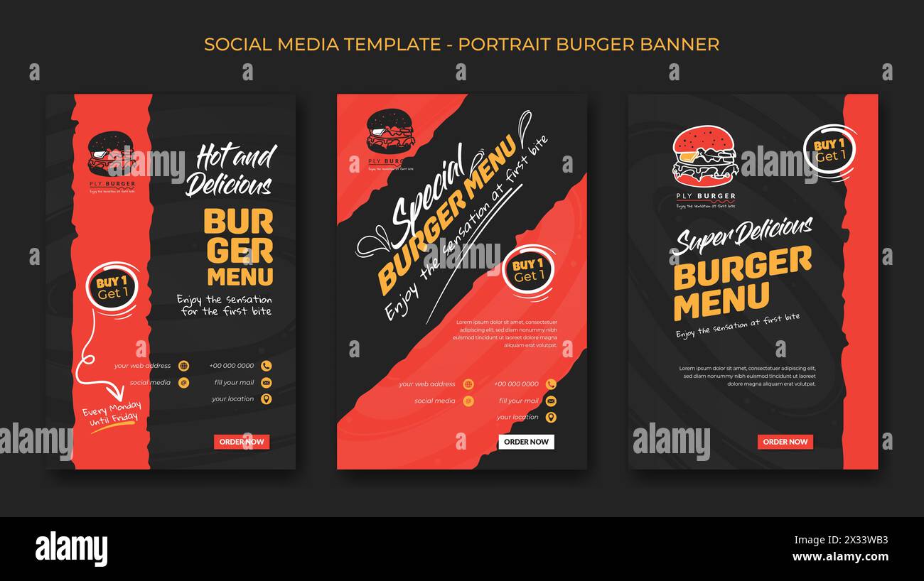 Set of portrait social media post template with burger icon design in ...