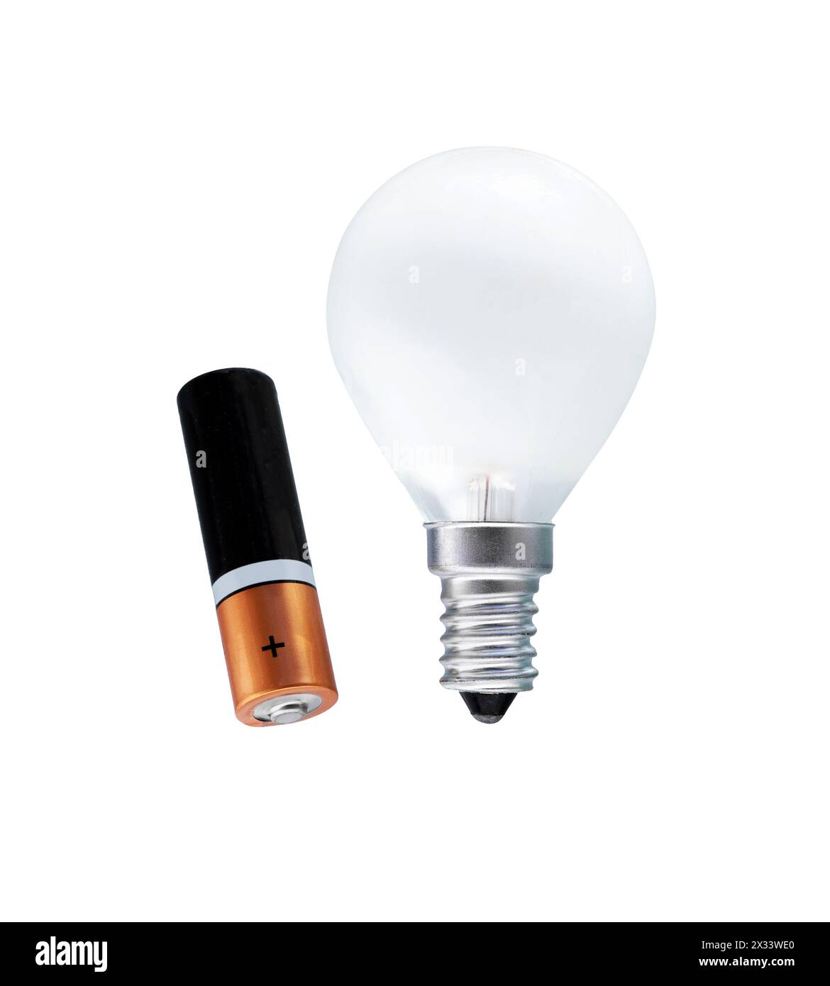 Light bulb and a battery on a white background Stock Photo - Alamy