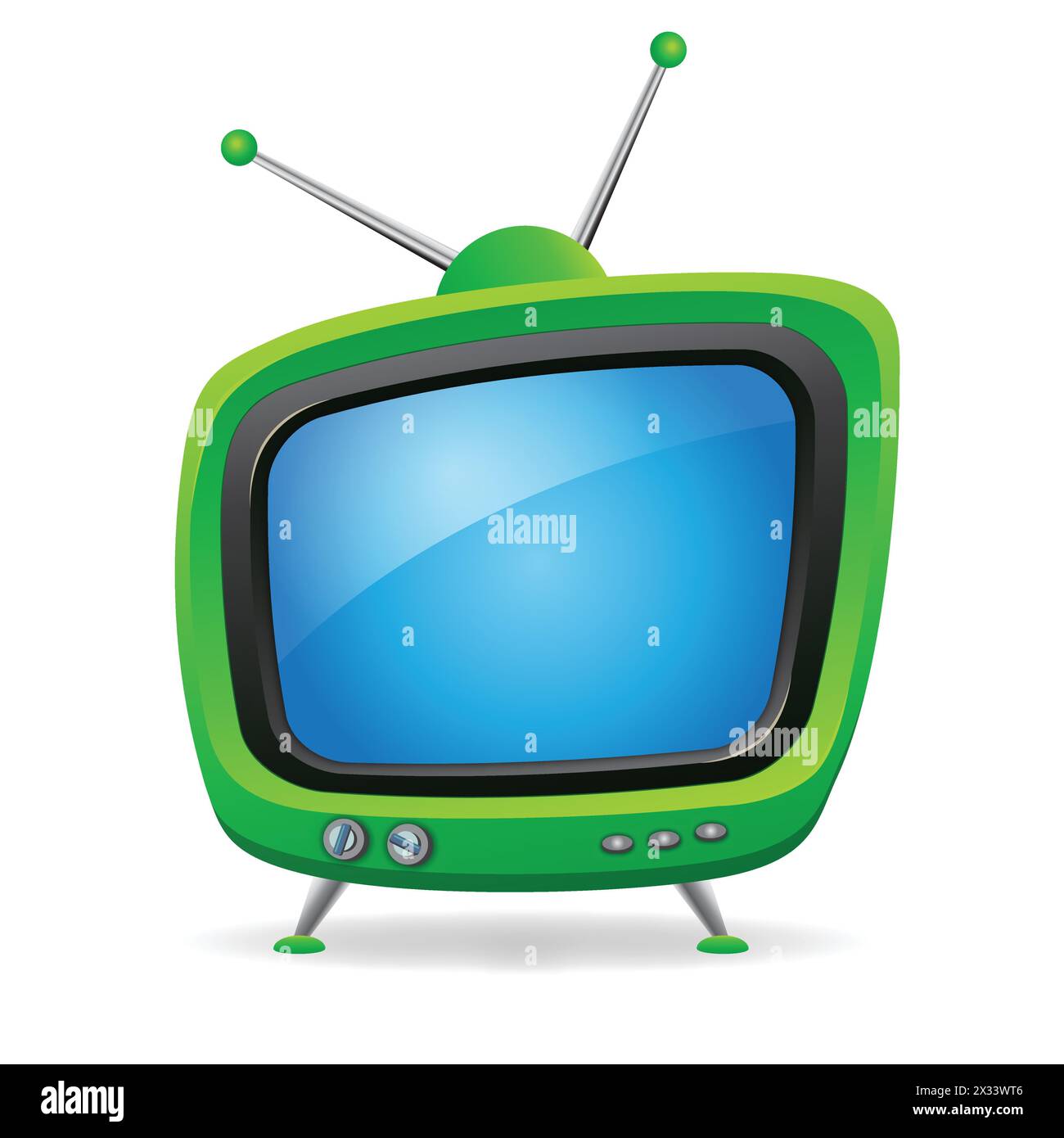 funky green warped retro tv television set with blue screen and ...