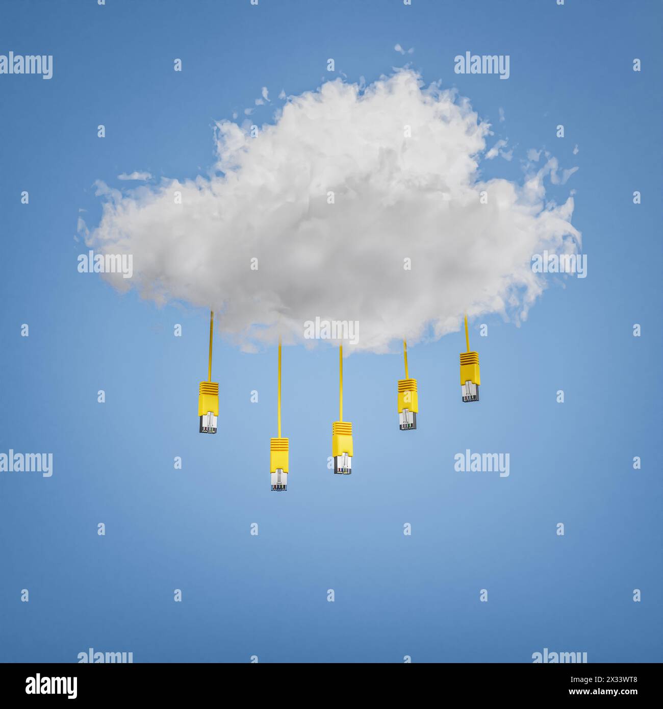 3D render: Cloud Computing Disruption Concept - Five yellow ethernet ...