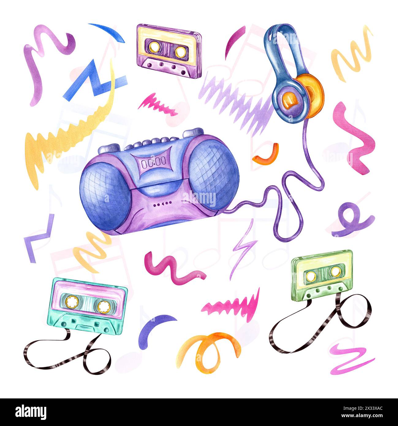 Poster in 90s nostalgia style. Boombox player, audio cassettes and ...