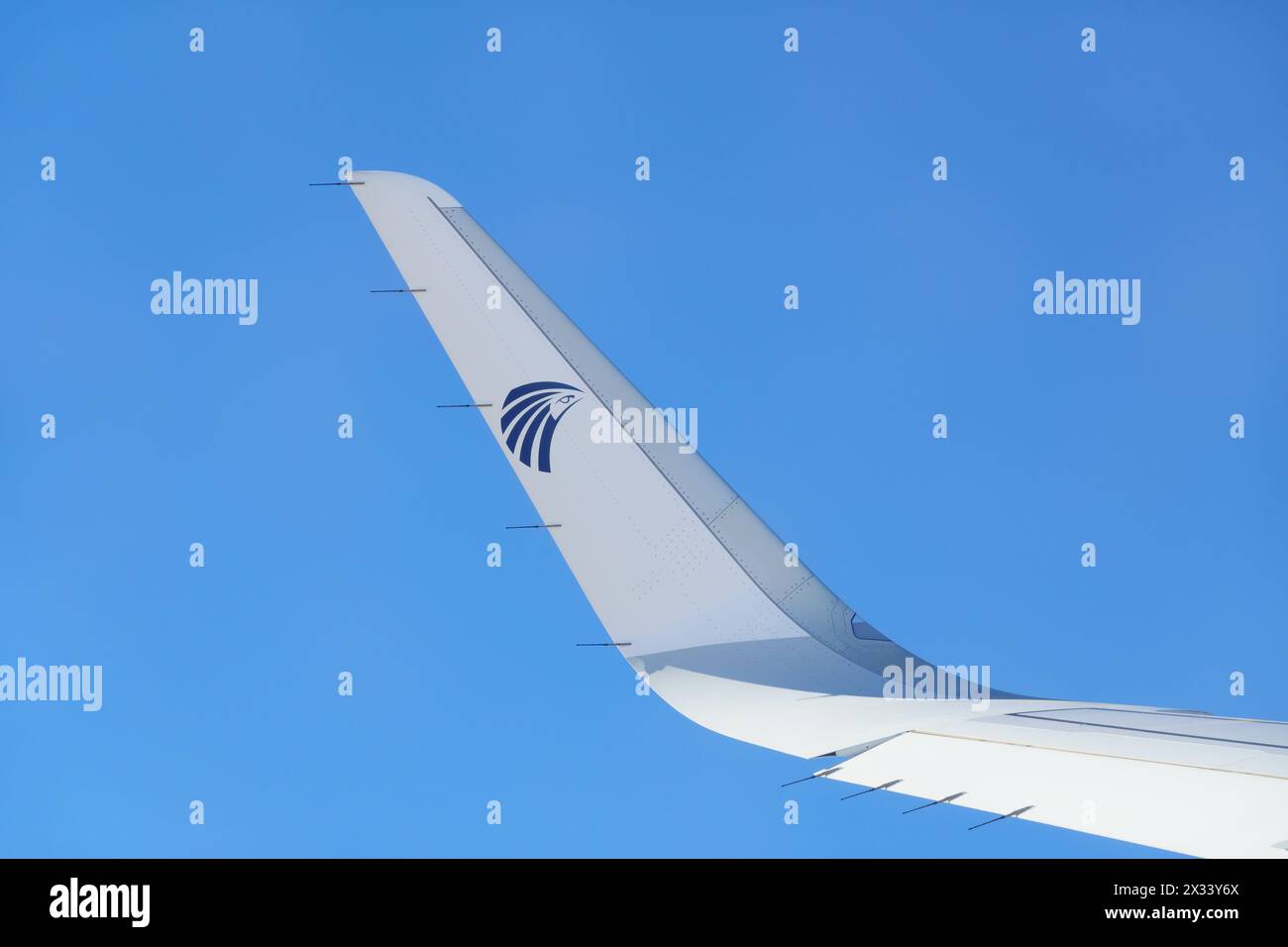 Egyptair, Egyptian Airlines A320 Neo wingtip with logo against blue sky ...
