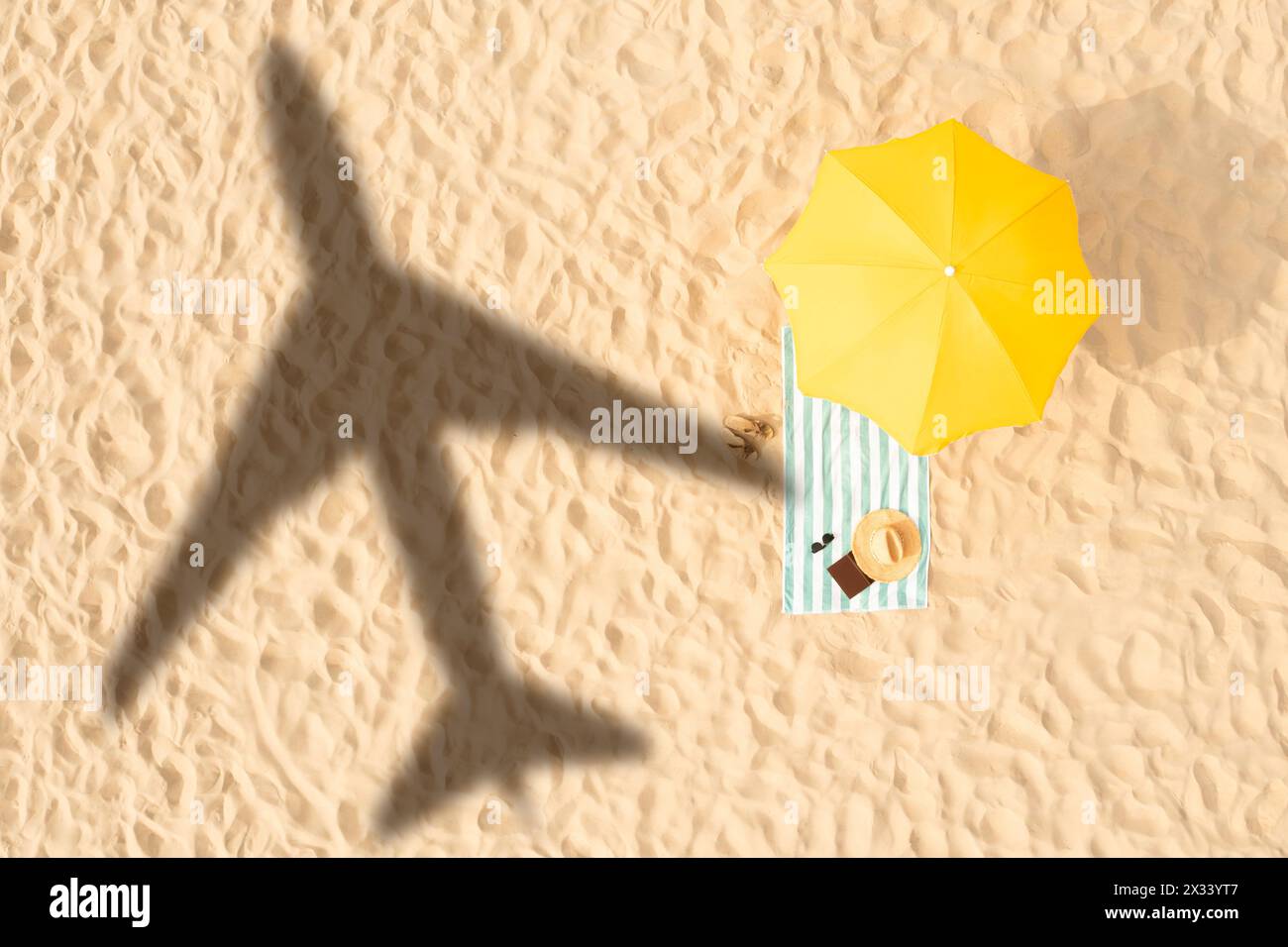 Shadow of airplane above sandy coast, aerial view. Summer vacation ...