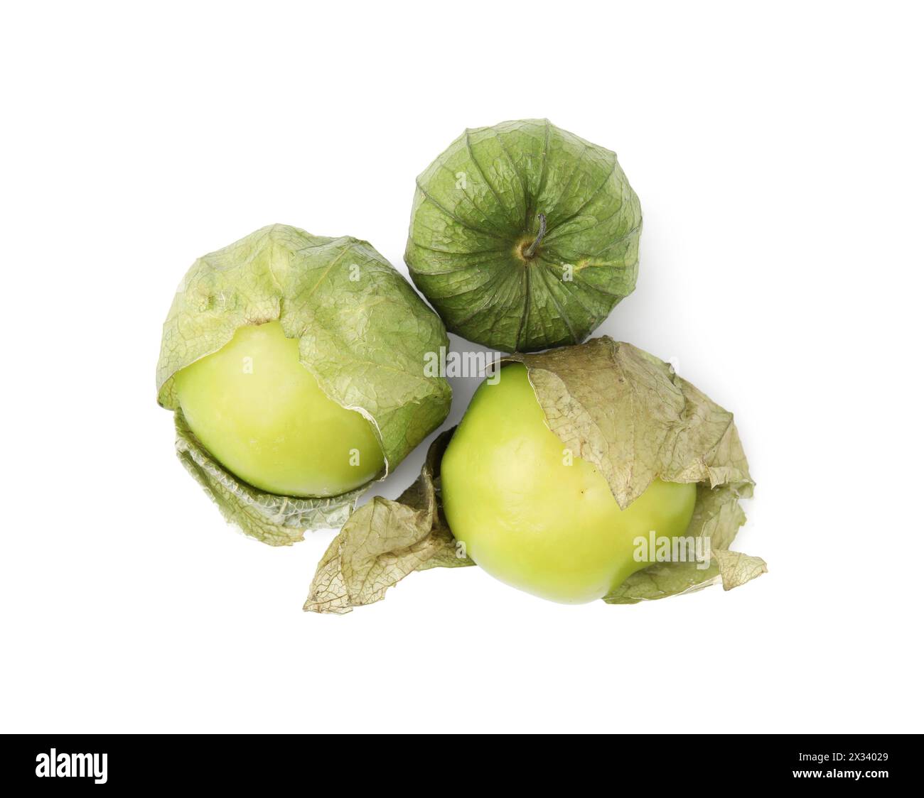 Fresh green tomatillos with husk isolated on white, top view Stock ...