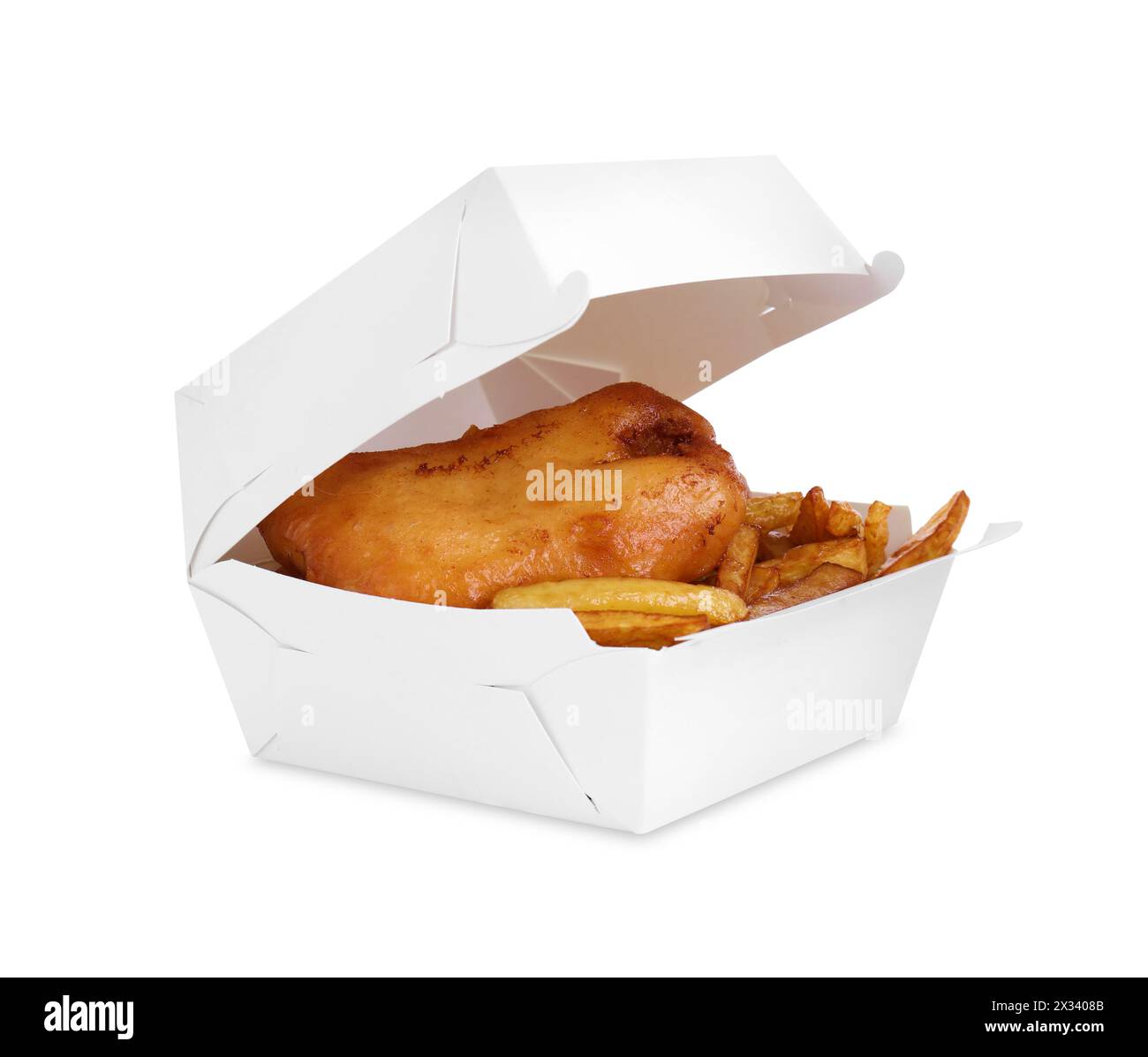 Tasty fish and chips in paper box isolated on white Stock Photo - Alamy