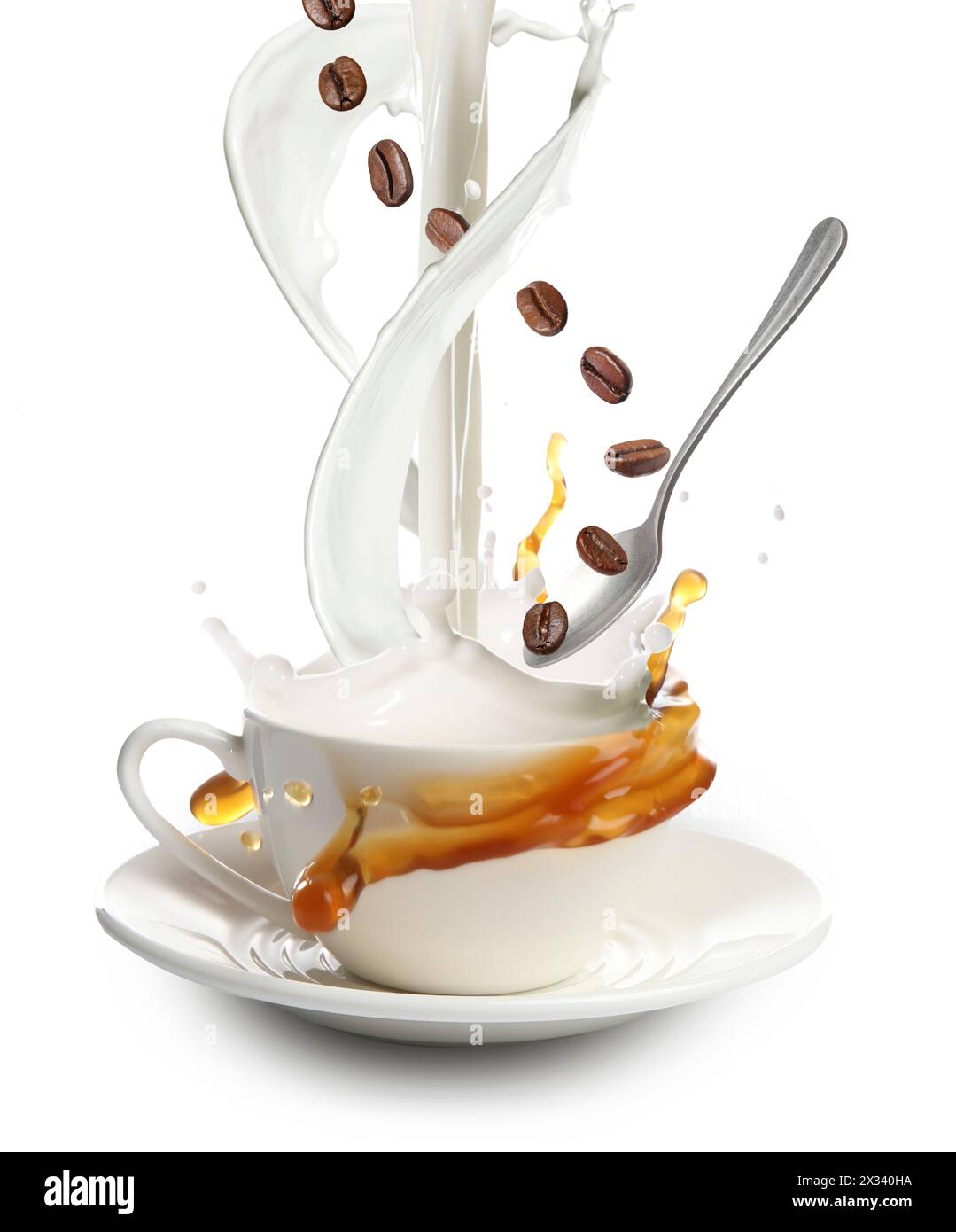 Coffee splashing in cup due to pouring milk and falling roasted beans ...