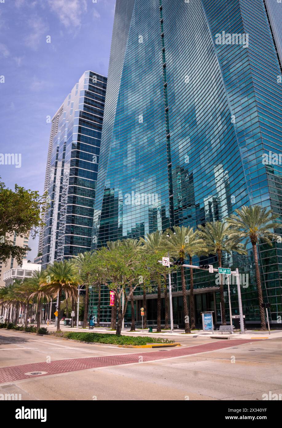 Miami, Florida, USA - 03 13 2024: Deserted Brickell Avenue with a row ...