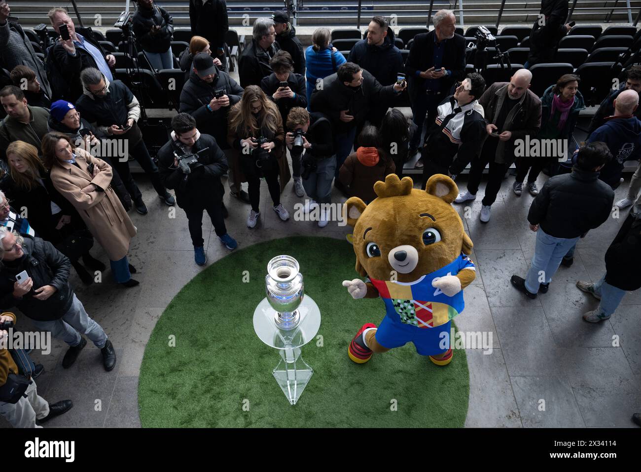Berlin, Germany. 24th Apr, 2024. Mascot Albärt stands next to the ...