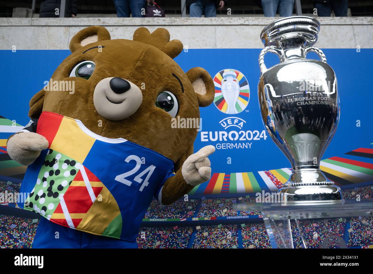 Berlin, Germany. 24th Apr, 2024. Mascot Albärt stands next to the ...
