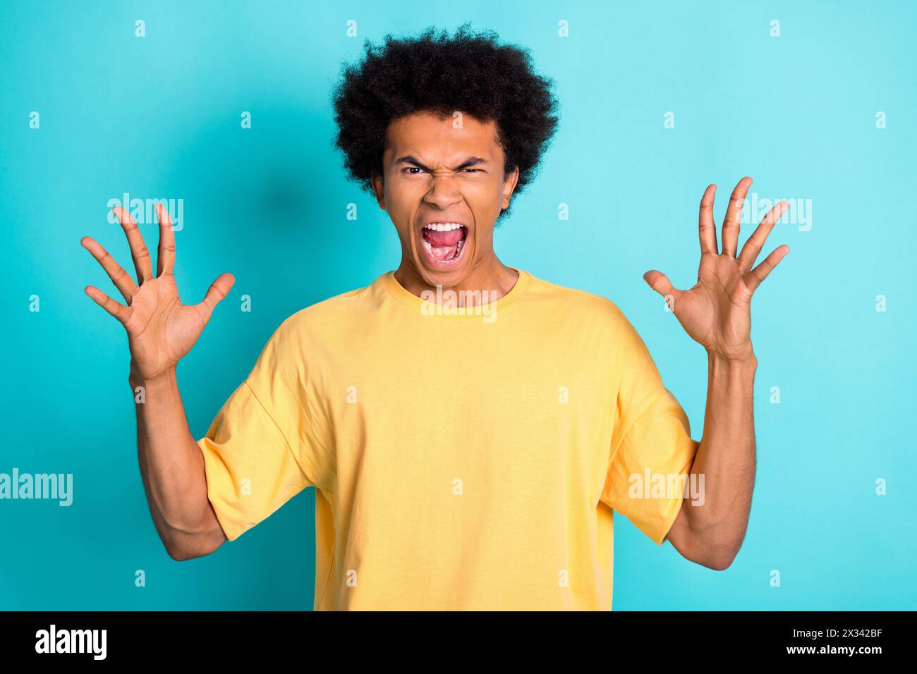 Portrait of furious angry man with afro hairstyle wear oversize t-shirt ...