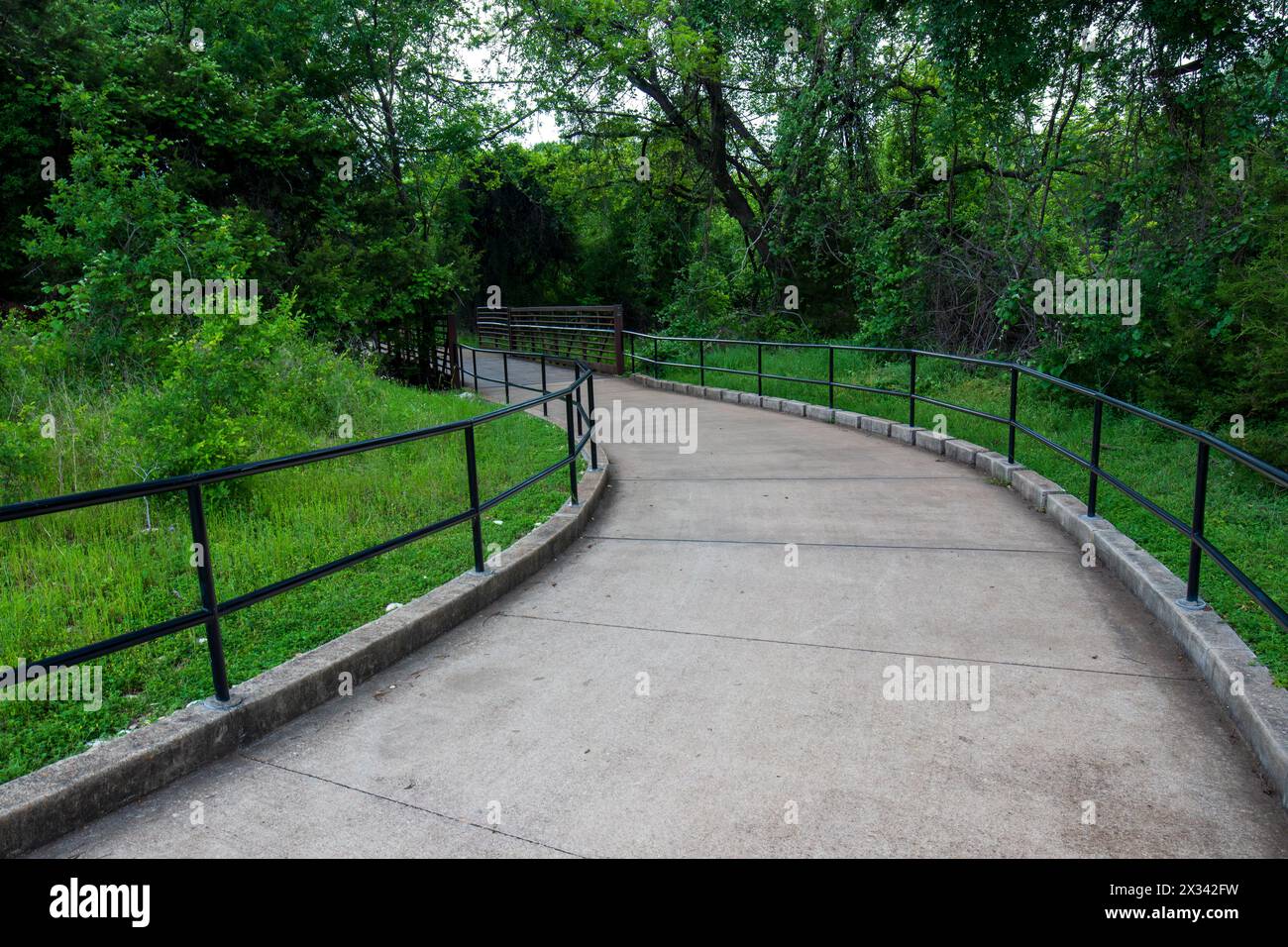 A winding concrete pathway is flanked by metal railings and enveloped ...