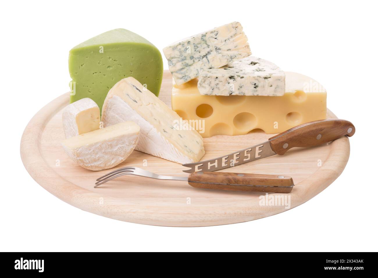 A set of different cheeses on a wooden platter. Isolated over white ...