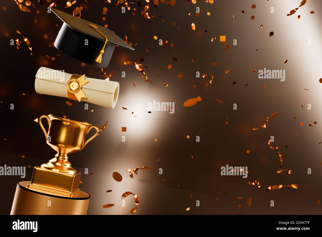Golden winner's cup on a pedestal with a graduate's cap and diploma in ...