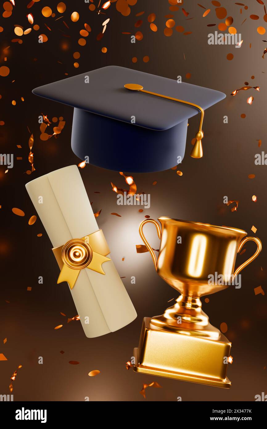 Graduation cap with gold winner cup and diploma in confetti. 3D ...
