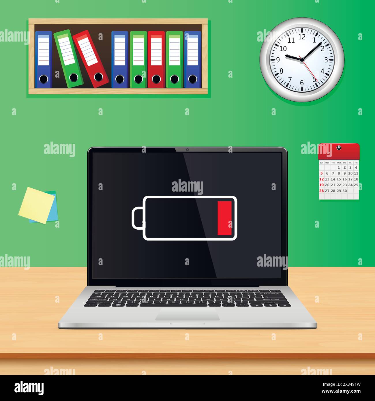 Laptop computer with low battery sign on screen, vector illustration ...