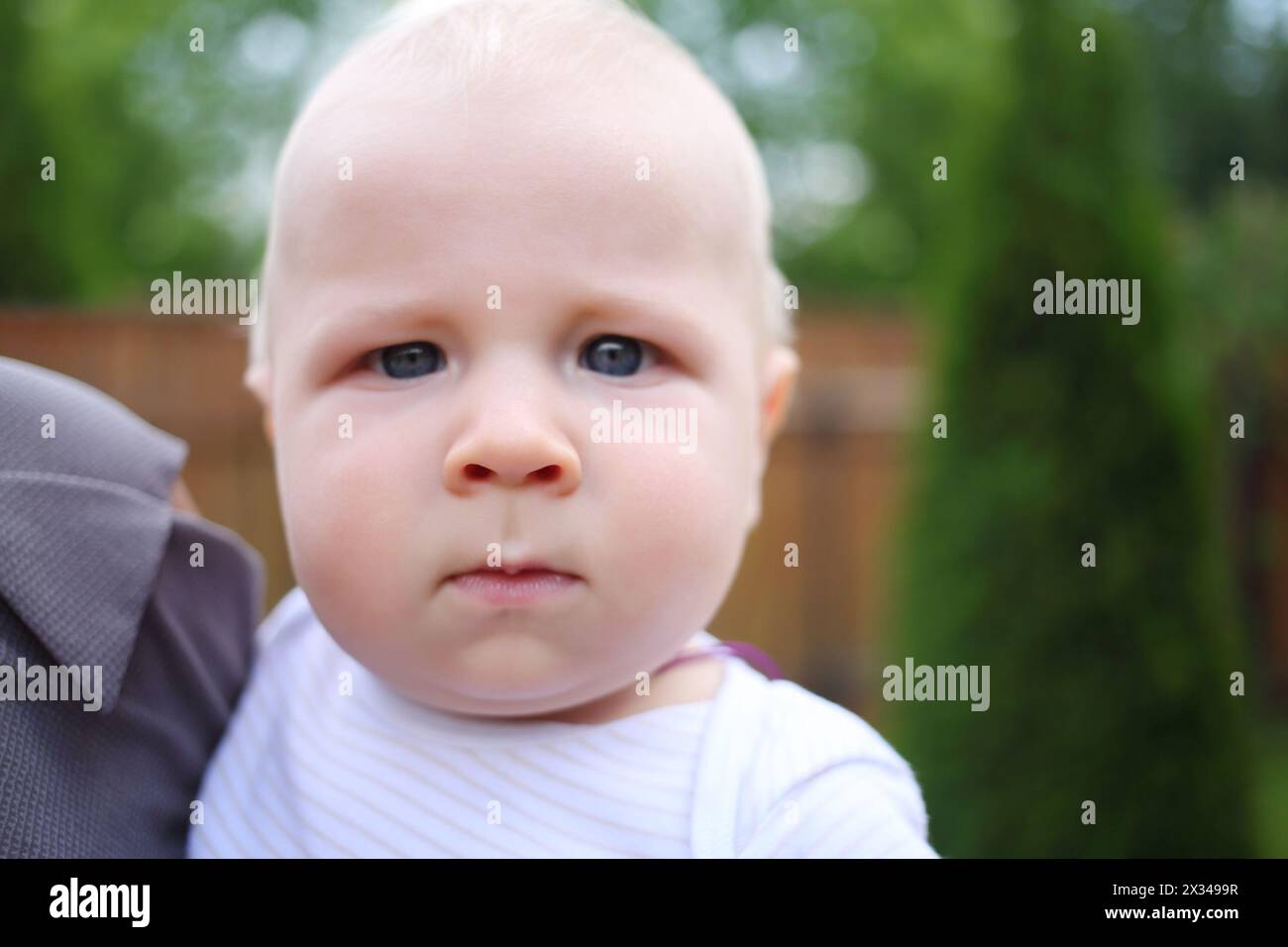 Closeup portrait of little cute baby on shoulder of parent, close up ...