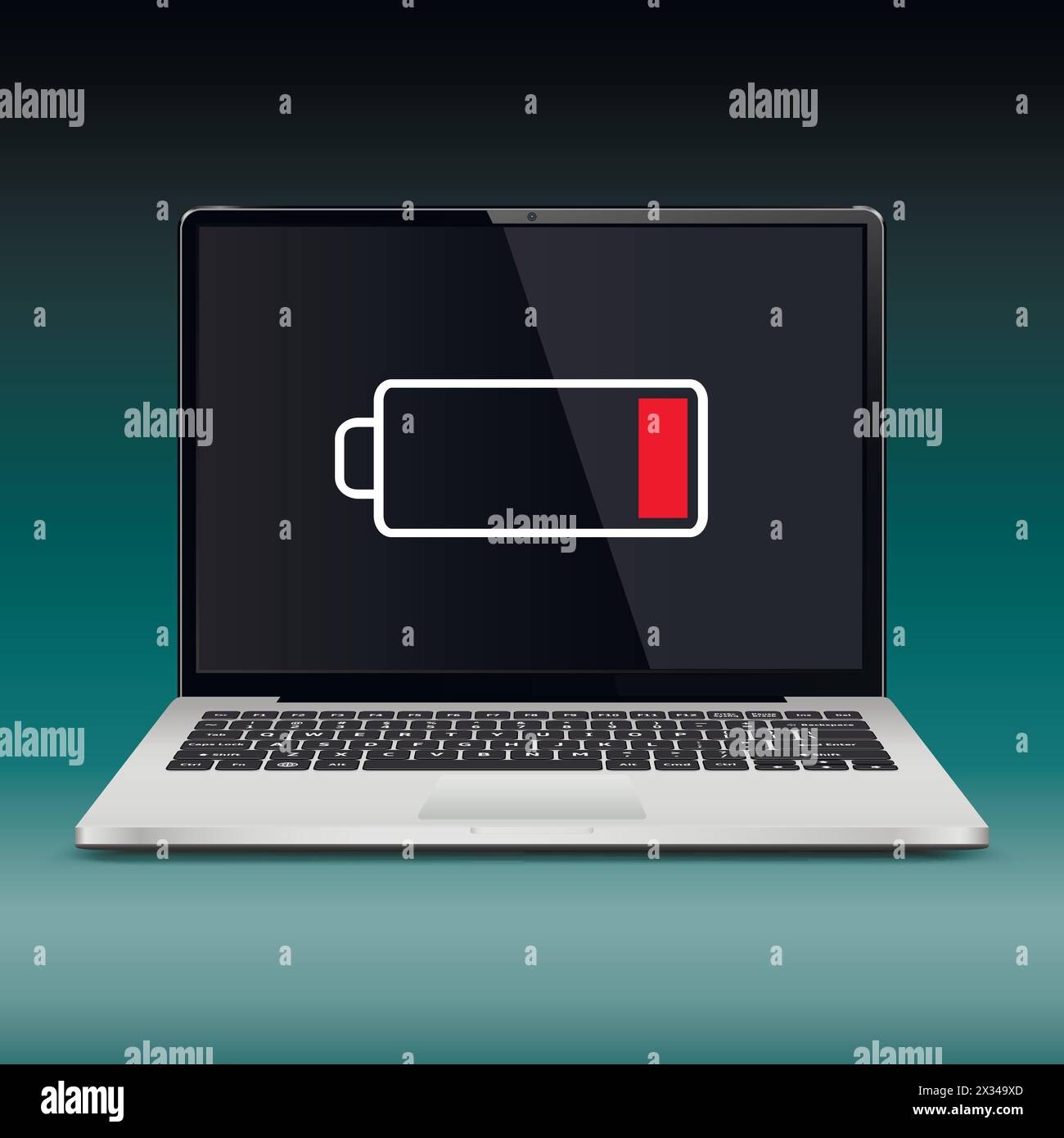 Laptop computer with low battery sign on screen, vector illustration ...