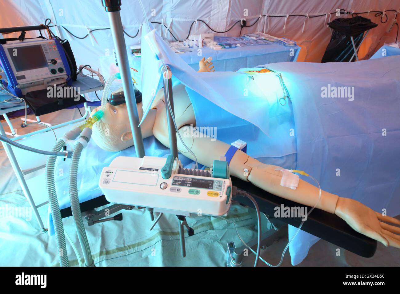 Dummy patient with an open abdomen on the operating table in modular ...
