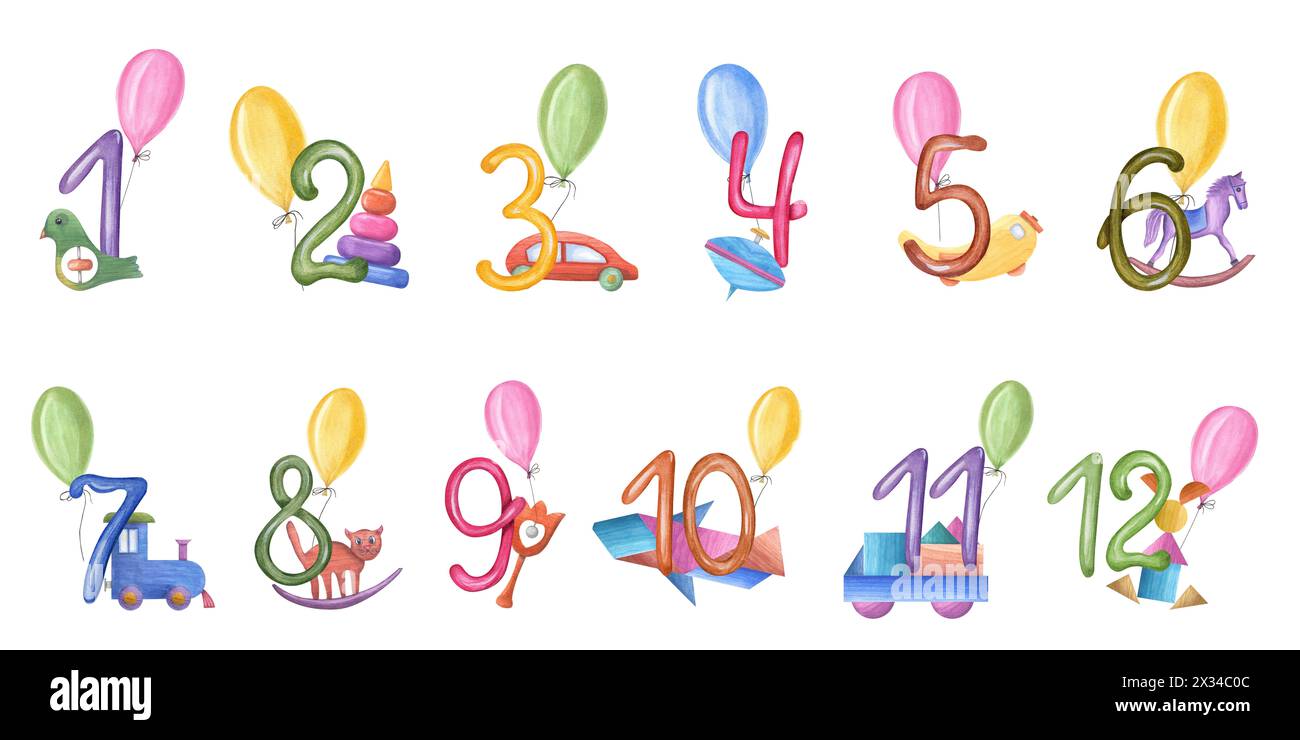 Numbers from 1 to 12 with kid wood toys and colors balloons. Wooden ...