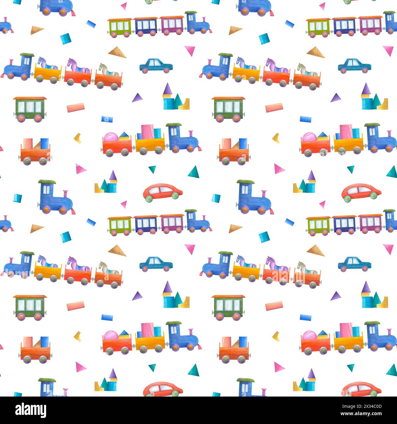 Multicolored wooden toys. Wood cars, trains, castle made from kid ...