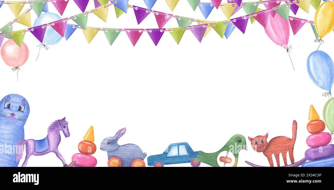 Wooden car, bird, pyramid, hobby horse, cat. Cute kid horizontal ...