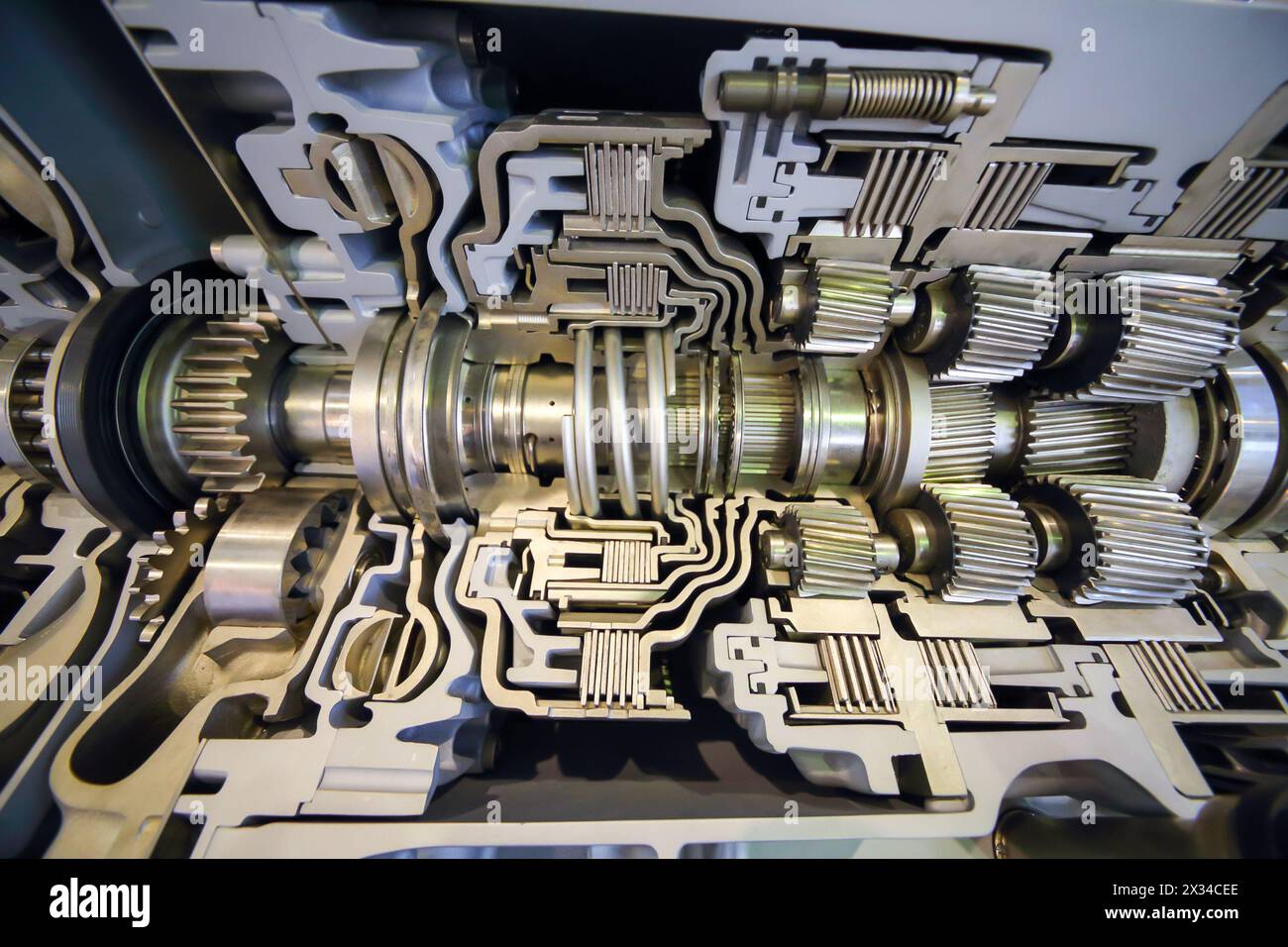 Modern big difficult shiny bus transmission at exhibition Stock Photo ...