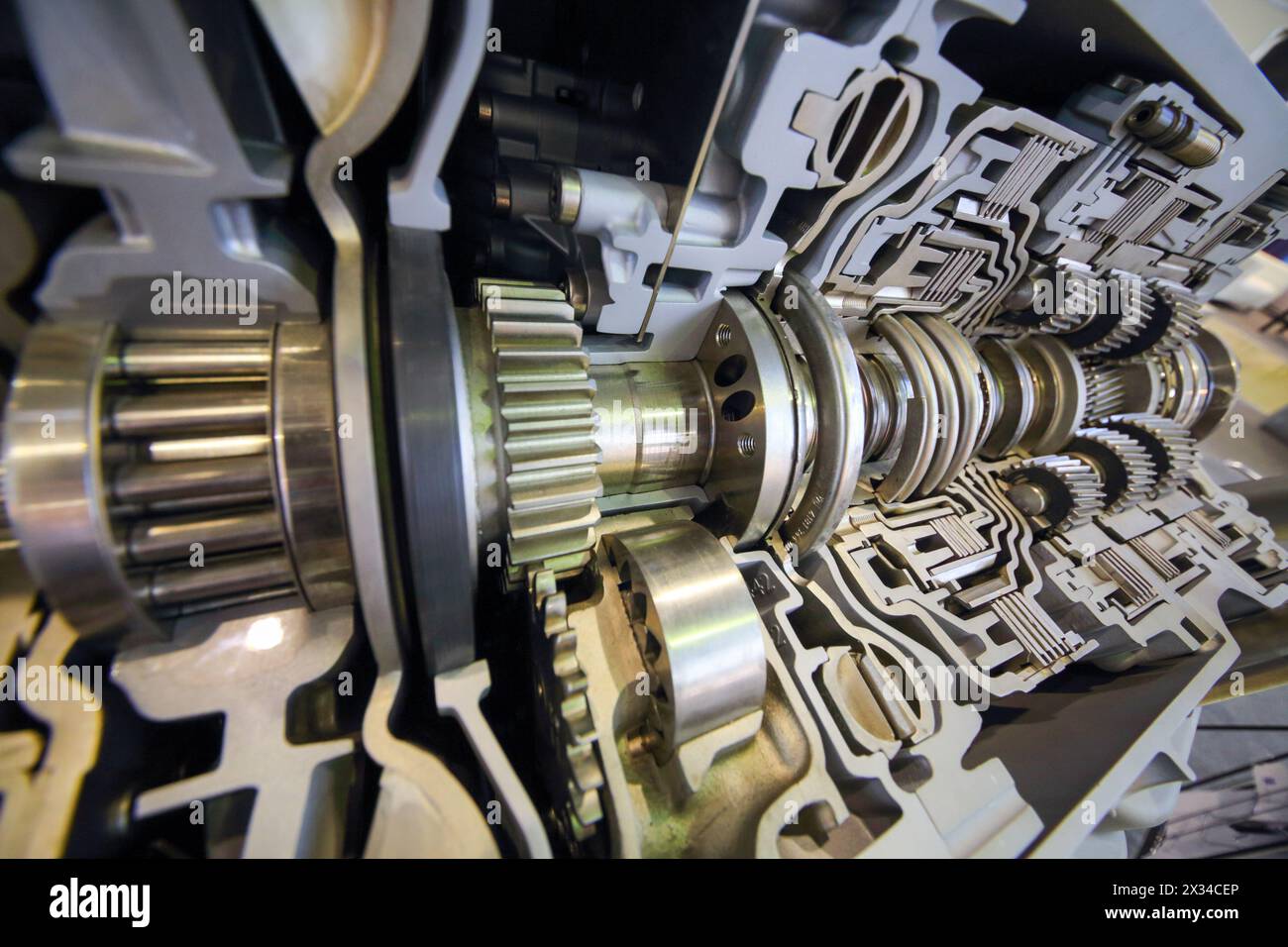 Modern big difficult shiny transmission for bus at exhibition Stock ...