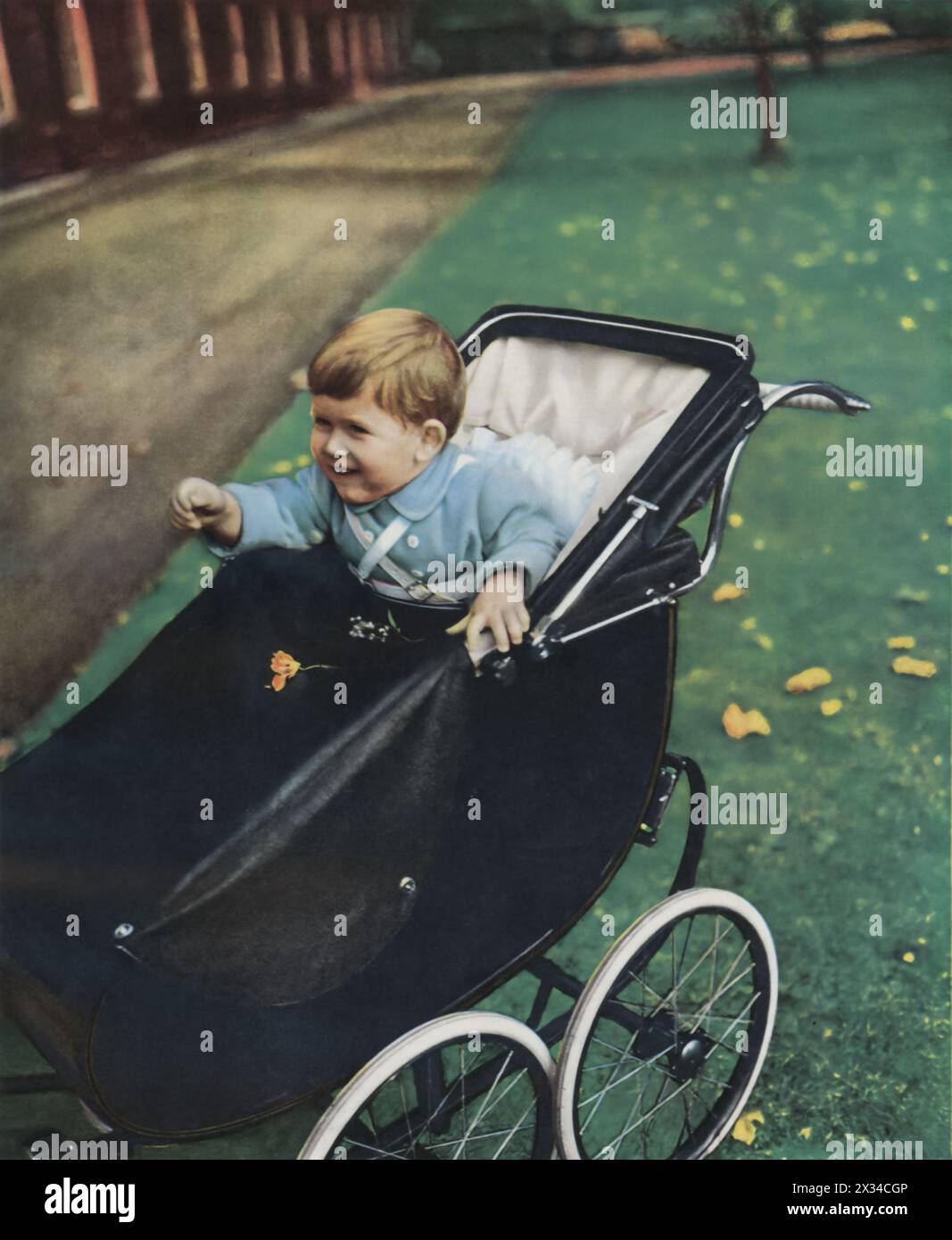 A photograph of Prince Charles in his pram on his second birthday ...