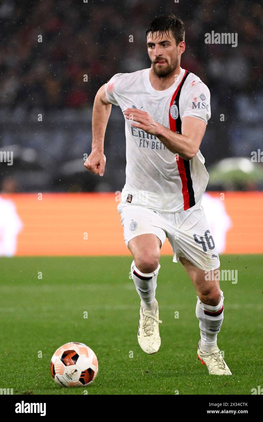 Matteo Gabbia of AC Milan in action during the Europa League football match between AS Roma and ...