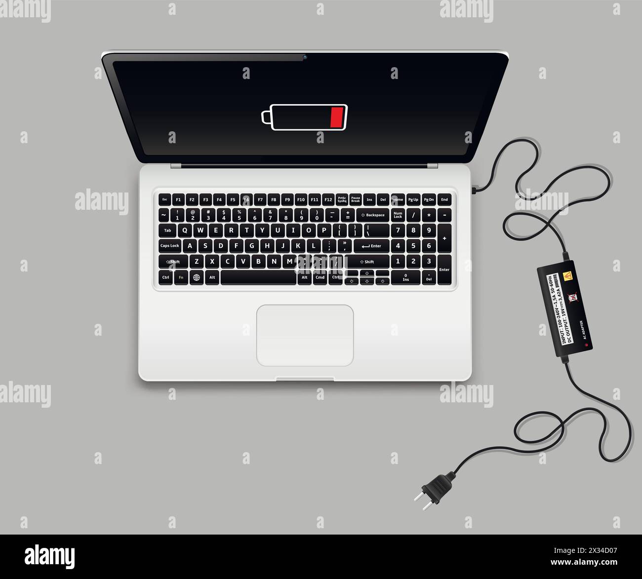 Laptop with charging disabled and low battery sign on screen. Vector ...