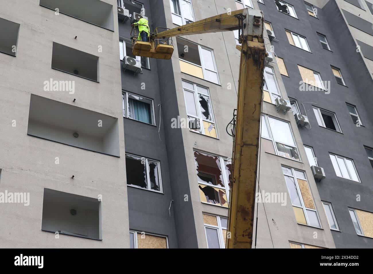 Non Exclusive: KHARKIV, UKRAINE - APRIL 24, 2024 - Broken windows are ...