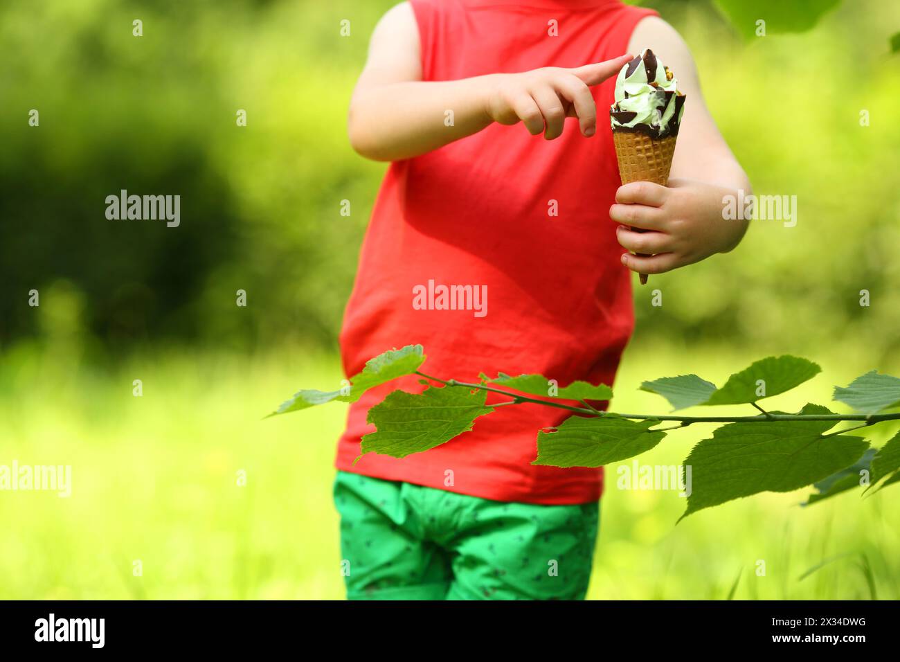Hand of little boy holding and touching sweet ice cream in green park ...