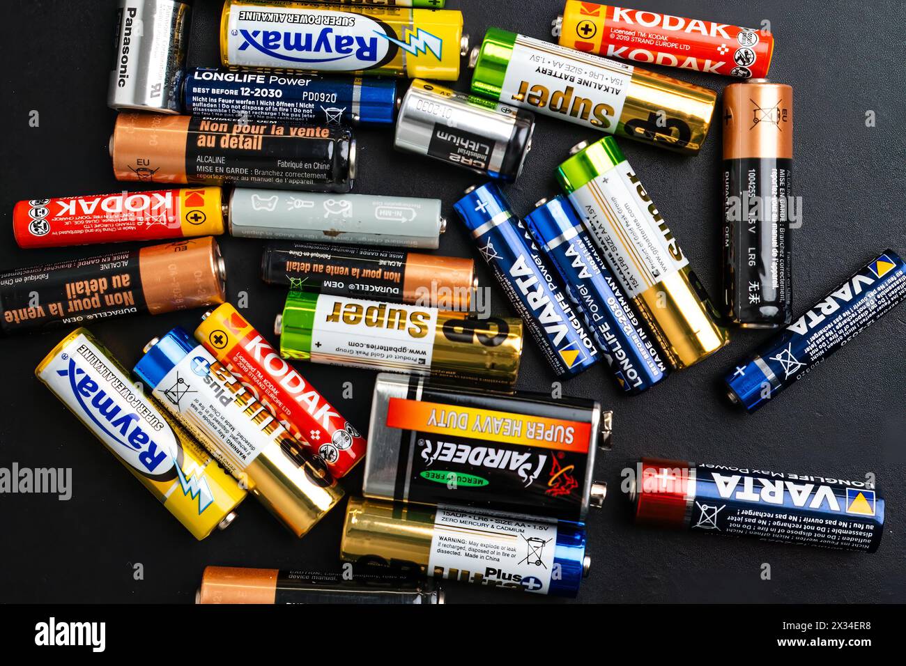 BERLIN , GERMANY - APRIL 14 2024: Small used alkaline batteries of AAA ...