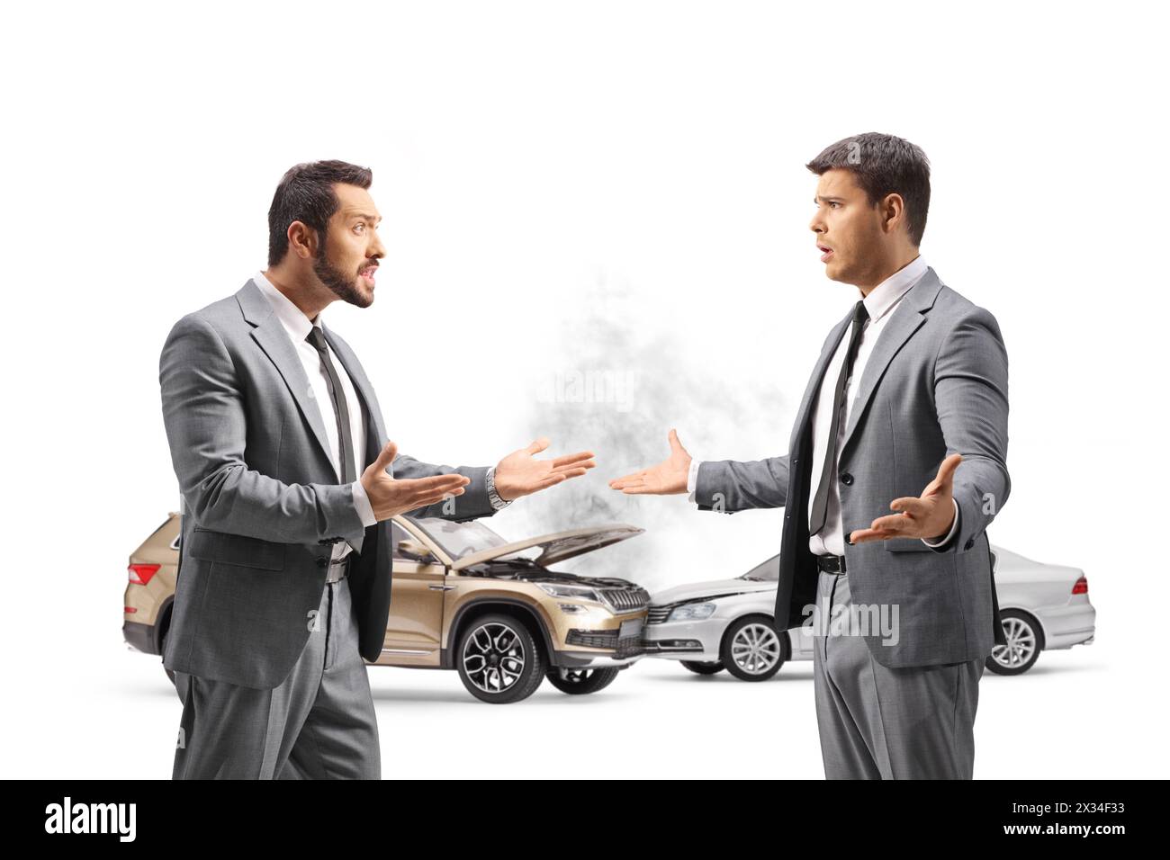 Drivers having an argument after car collision isolated on white ...