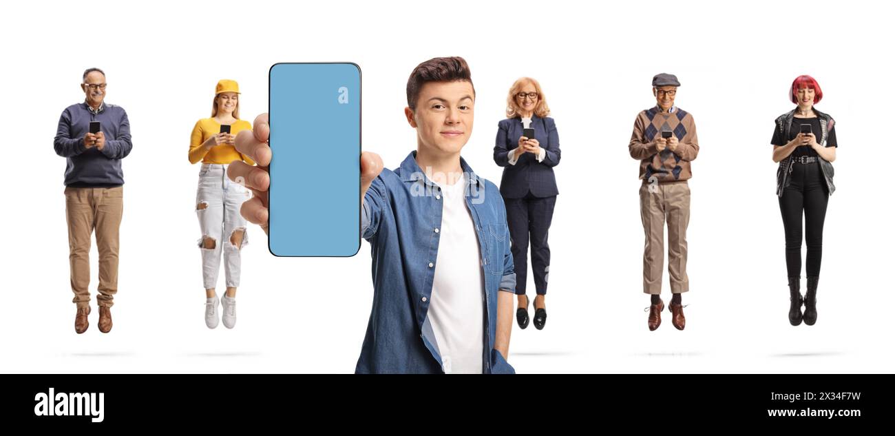 Happy smartphone users jumping and guy showing a blue screen isolated ...