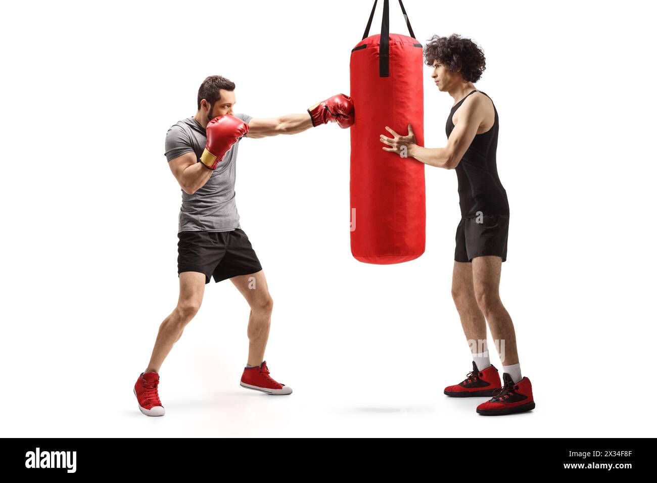 Men training box with a punching bag isolated on white background Stock ...