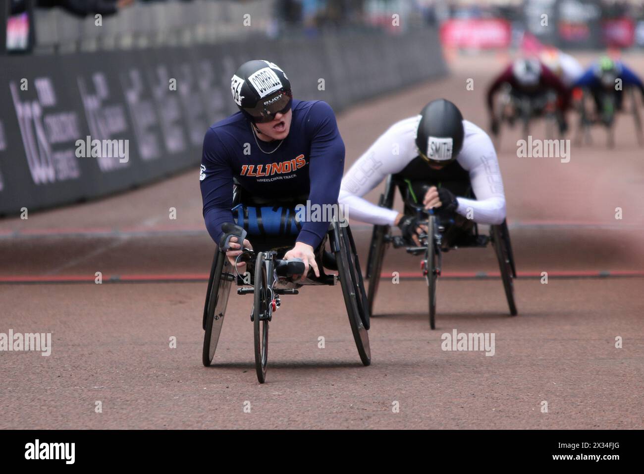 Evan Correll (USA) finishes in the mens wheelchair Marathon at the 2024 ...