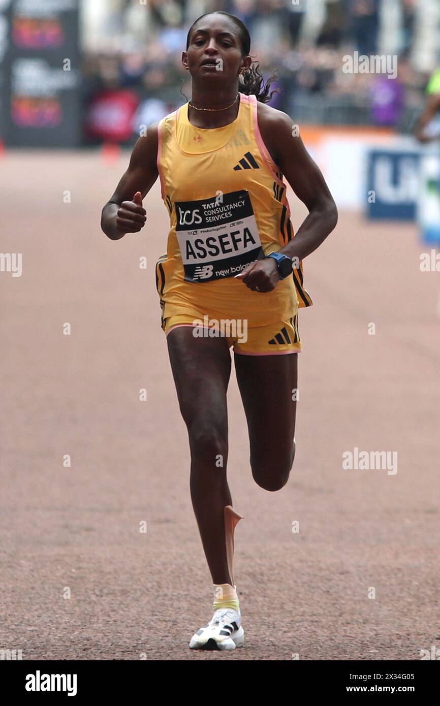 Tigst ASSEFA of Ethiopia finishes 2nd in the womens Marathon at the ...