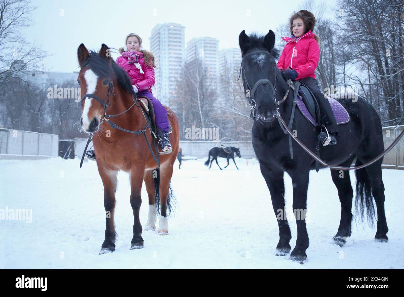 Two girls sitting on horseback at the equestrian site near the ...