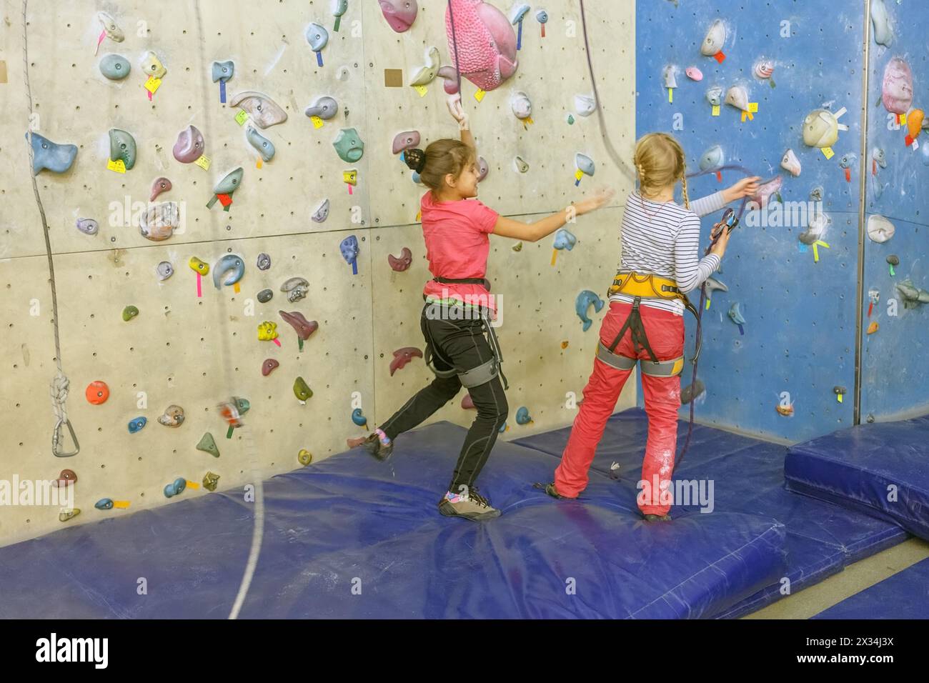 Rock climbing. Two girls in indoor climbing center in safety equipment ...
