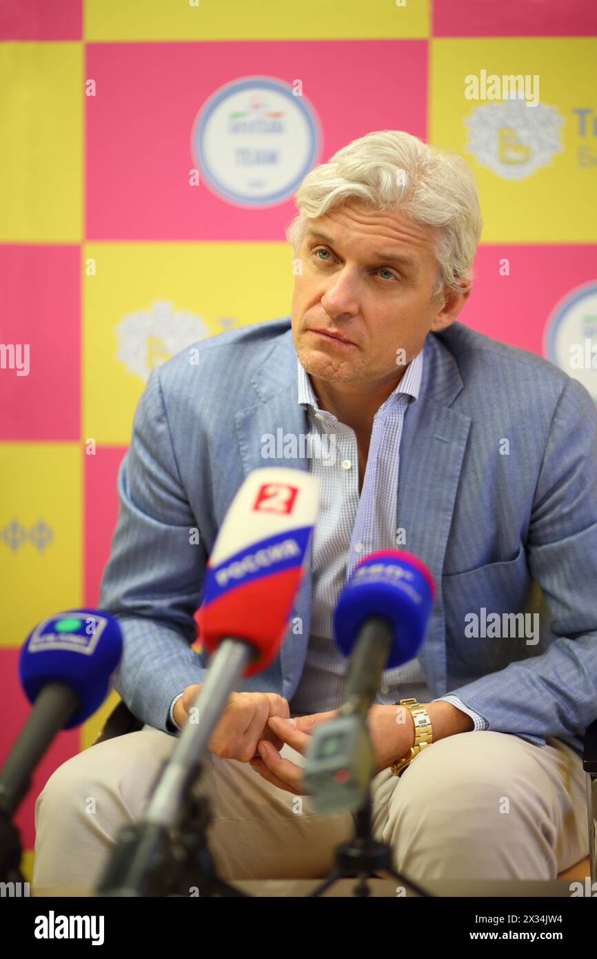MOSCOW - JUN 03, 2015: Oleg Tinkoff is interviewed to Russia 2. Tinkoff ...