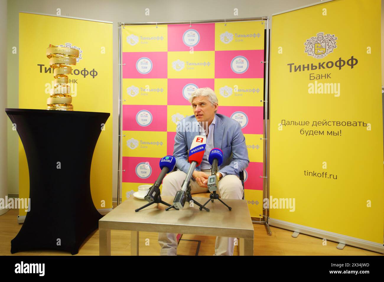 MOSCOW - JUN 03, 2015: Oleg Tinkoff is interviewed. Tinkoff Saxo bank ...