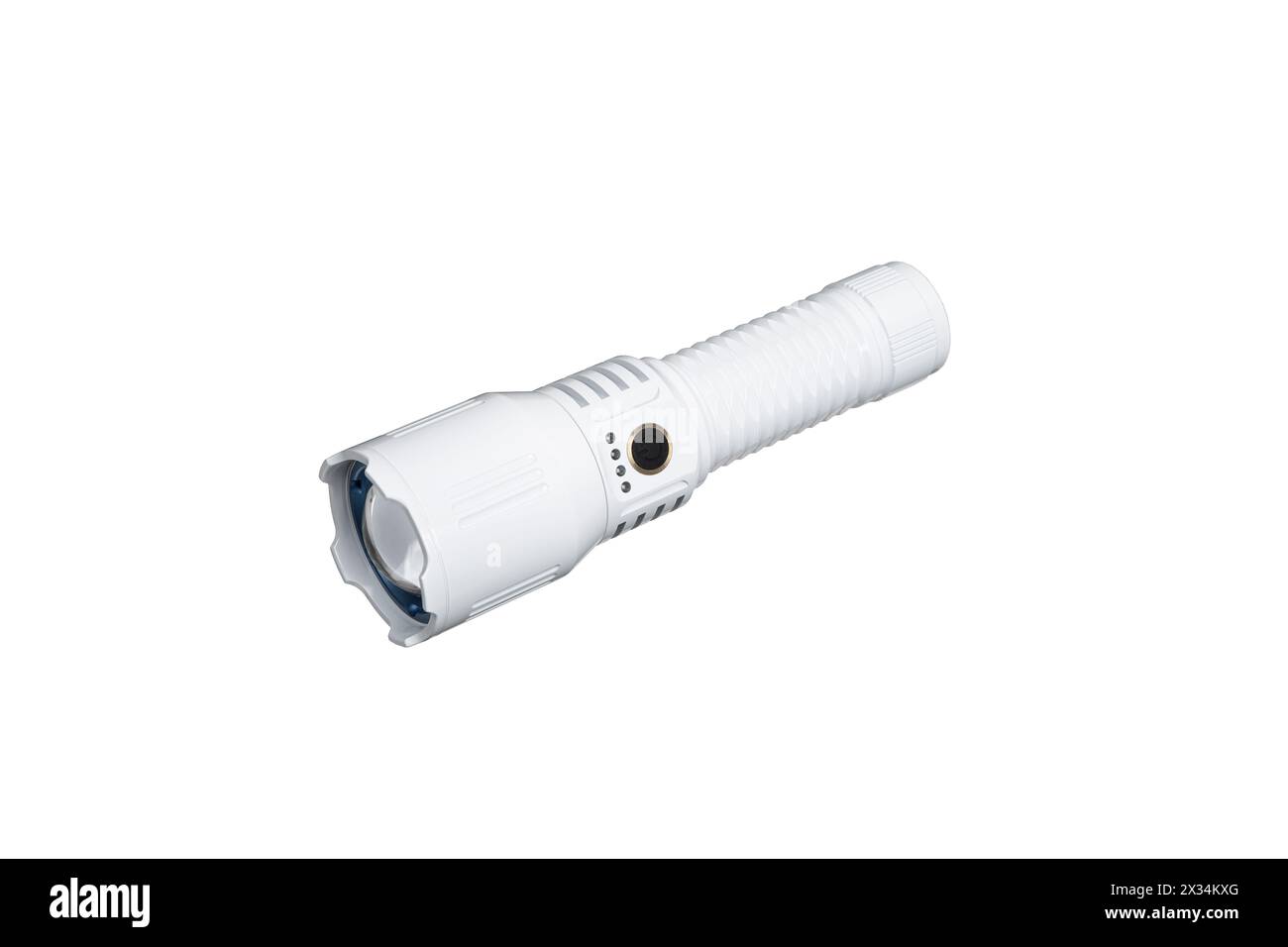 Modern metal LED flashlight in white color. Portable flashlight isolate ...