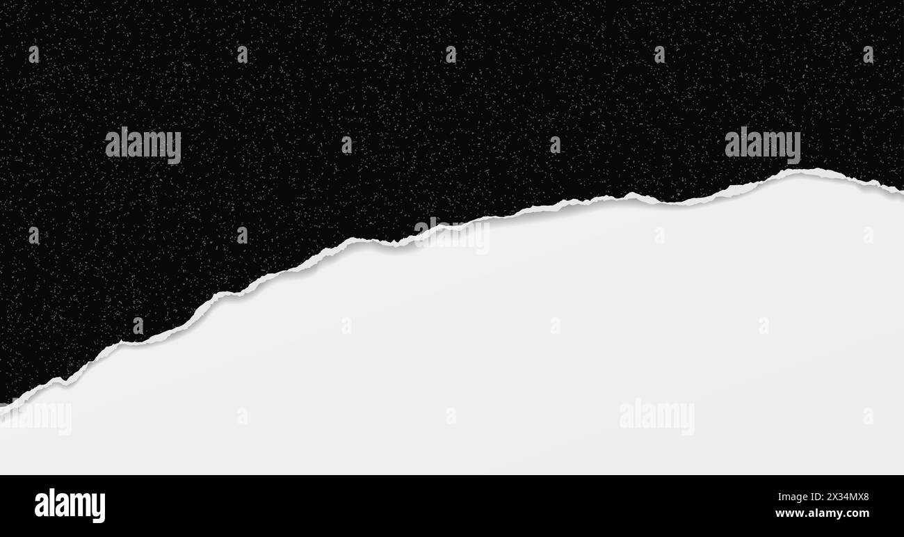 Black and dusty torn paper strip with soft shadow is on white ...