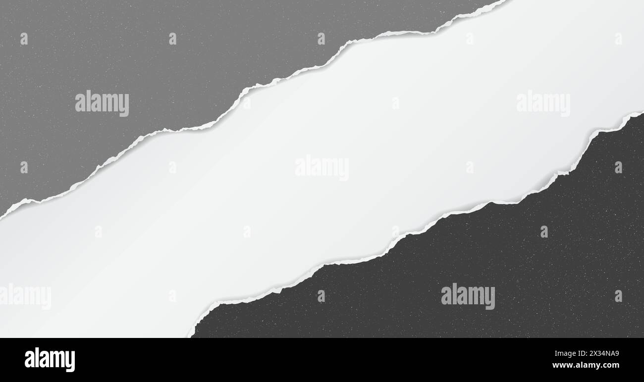 Black and grey dusty torn paper strips with soft shadow are on white ...